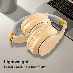 esonstyle Bluetooth Headphones Over Ear Foldable Wireless and Wired Stereo Headset with Mic Soft Earmuffs Light Weight for Phone TV PC Online Class Home Office (Apricot)
