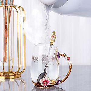 SHEEYEE Gift for Women Tea Cup with Spoon Enamel Daisy Flower Glass Teacup Tea Sets for Women Mother's Day Christmas Birthday Valentine's Day