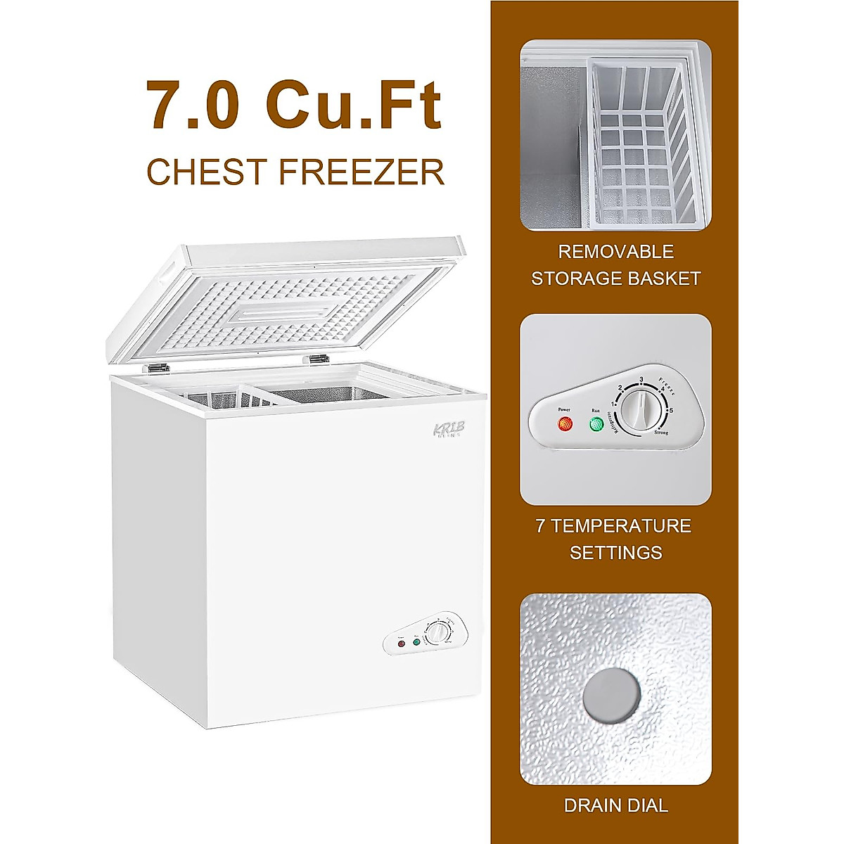 KRIB BLING 7.0 Cu.Ft Chest Freezer Compact Mini Deep Freezer with Top Open Door 7 Gears Temperature Control with Removable Storage Basket White