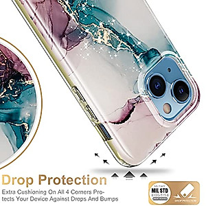 Esdot for iPhone 13 Case with Built-in Screen Protector,Military Grade Rugged Cover with Fashionable Designs for Women Girls,Protective Phone Case 6.1" Turquoise Pink Marble