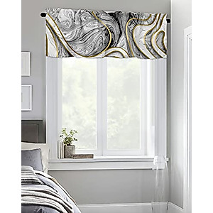 WARM TOUR Curtain Valance for Windows White Gray Abstract Marble Kitchen Valances Rod Pocket Short Curtains,Gold Foil Line Art Window Treatment Panel for Living Room Bathroom Bedroom 60x18in