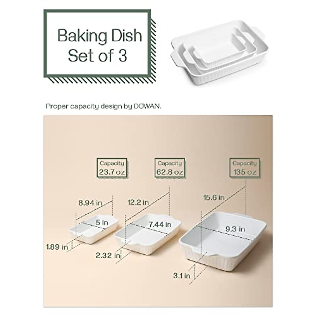 DOWAN Casserole Dishes for Oven, Ceramic Baking Dishes for Oven Set of 3, Lasagna Pan Deep, Baking Pan Set Rectangular Casserole Dish Set with Handles for Baking, White (15.6''/12.2''/8.9'')