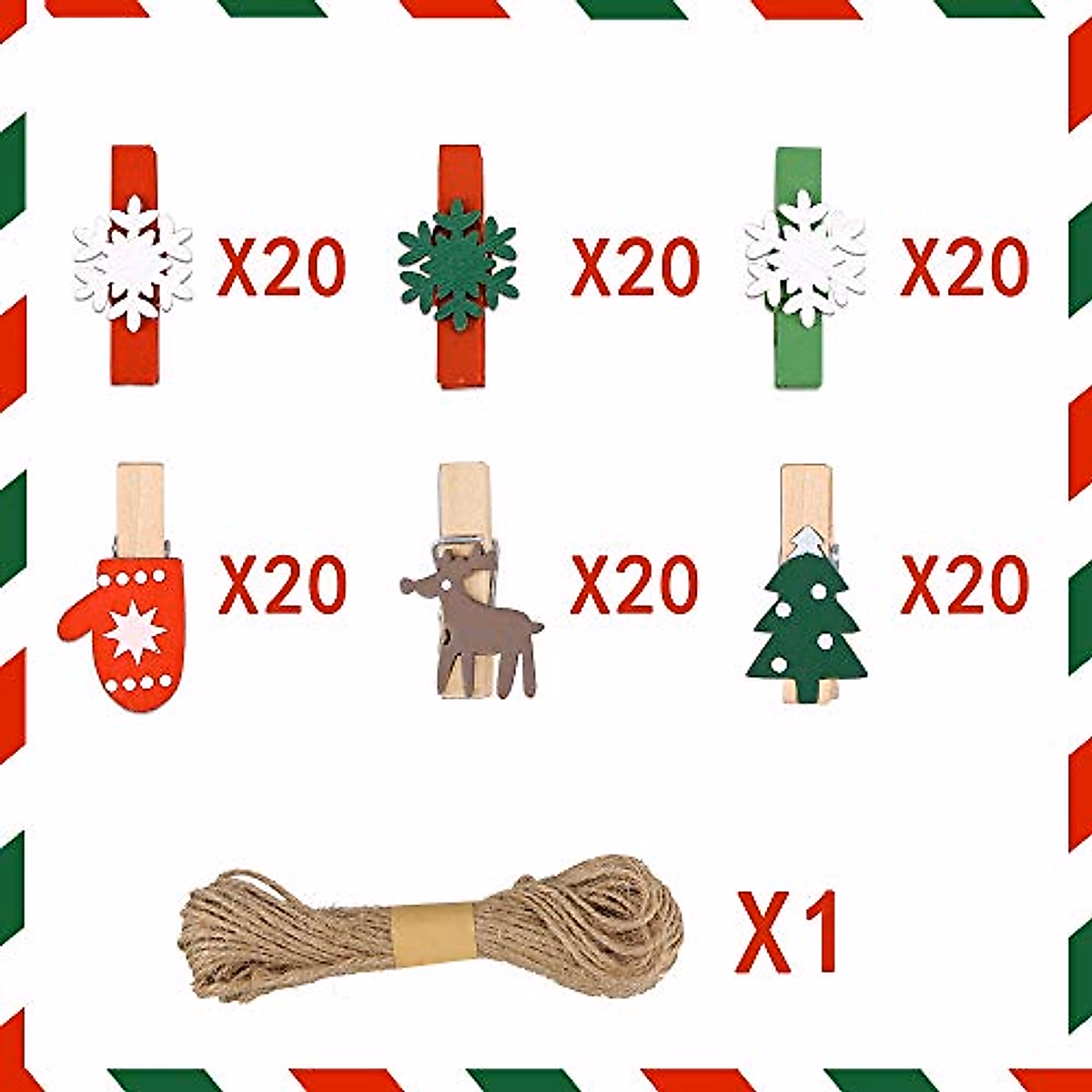 Greentime 120 PCS Christmas Wooden Clips, Snowflake Clothespins Small Craft Pegs Elk Gloves Snowflake Christmas Tree Clothespins with 10 Meters Rope for DIY Crafts Home Party Xmas Supplies Gifts