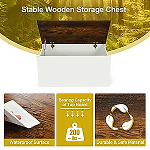 Costzon Kids Toy Box Storage Chest, Wooden Children Storage Bench Ottoman Trunk w/Flip-top Lid, 35.5” Wide Toddler Cabinet Organizer w/Pneumatic Rod for Kids Play Room Nursery (Rustic Brown + White)