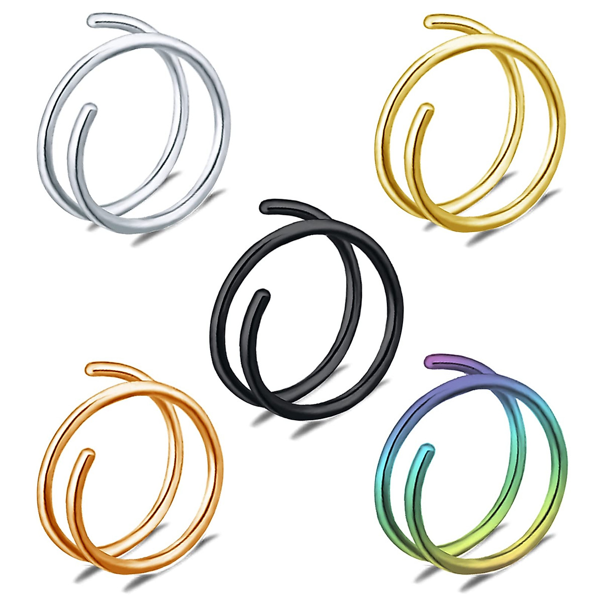 Tanreeqee 18G Double Nose Ring for Single Piercing Stainless Steel Left and Right Double Hoop Nose Ring Spiral Nose Hoops Double Nose Ring for Women Men ((G 5pcs))