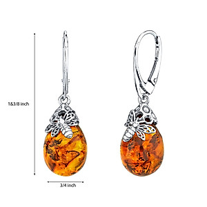 Peora Genuine Baltic Amber Bumble Bee Earrings for Women 925 Sterling Silver, Teardrop Shape, Rich Cognac Color, Lever backs