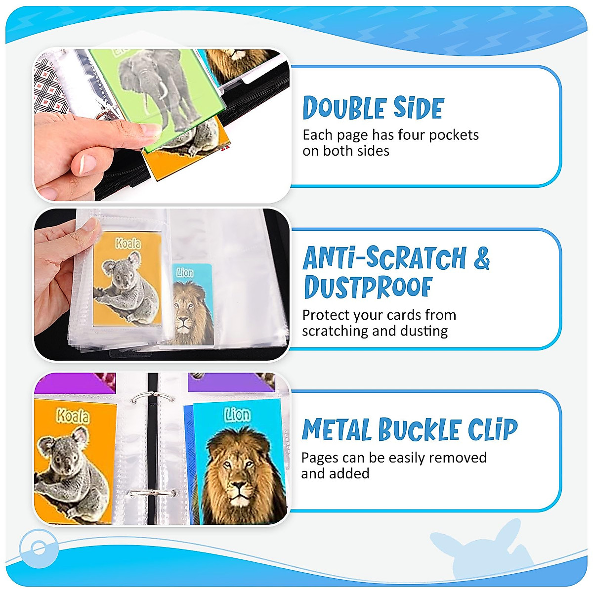 GOROMA Card Binder 4-Pockets, 400 Pockets Card Holder with 50 Removable Sleeves, Trading Card Collector Zipper Album Holder, Blue