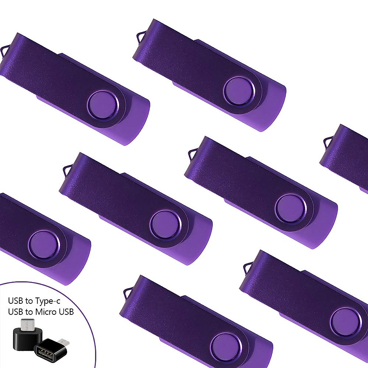 ERKE 2GB USB 2.0 Flash Drive 5 Pack Portable Thumb Drives Swivel Jump Drive Zip Drive Memory Sticks with Type-C/Micro USB Adapter for PC/Laptop(Purple 2GB)