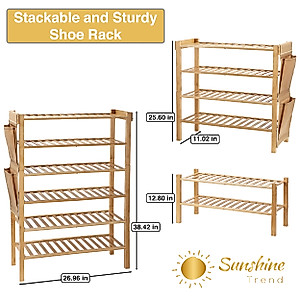 Sunshine Trend Premium,Bamboo Shoe Rack | Premium 6-Tier Stackable Shoe Organizer with Natural Wood Design | Beautiful and Sturdy Multi-Use Shoe Shelf for Closet, Entryway, or Hallway