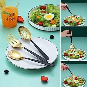 Black with Gold Silverware Serving Set 10 Pieces, Black Gold Flatware Serving Set, Serving Utensils, Include Slotted Spoon, Cake Server, Sugar Spoon, Soup Ladle, Wedding Cake Knife Ect