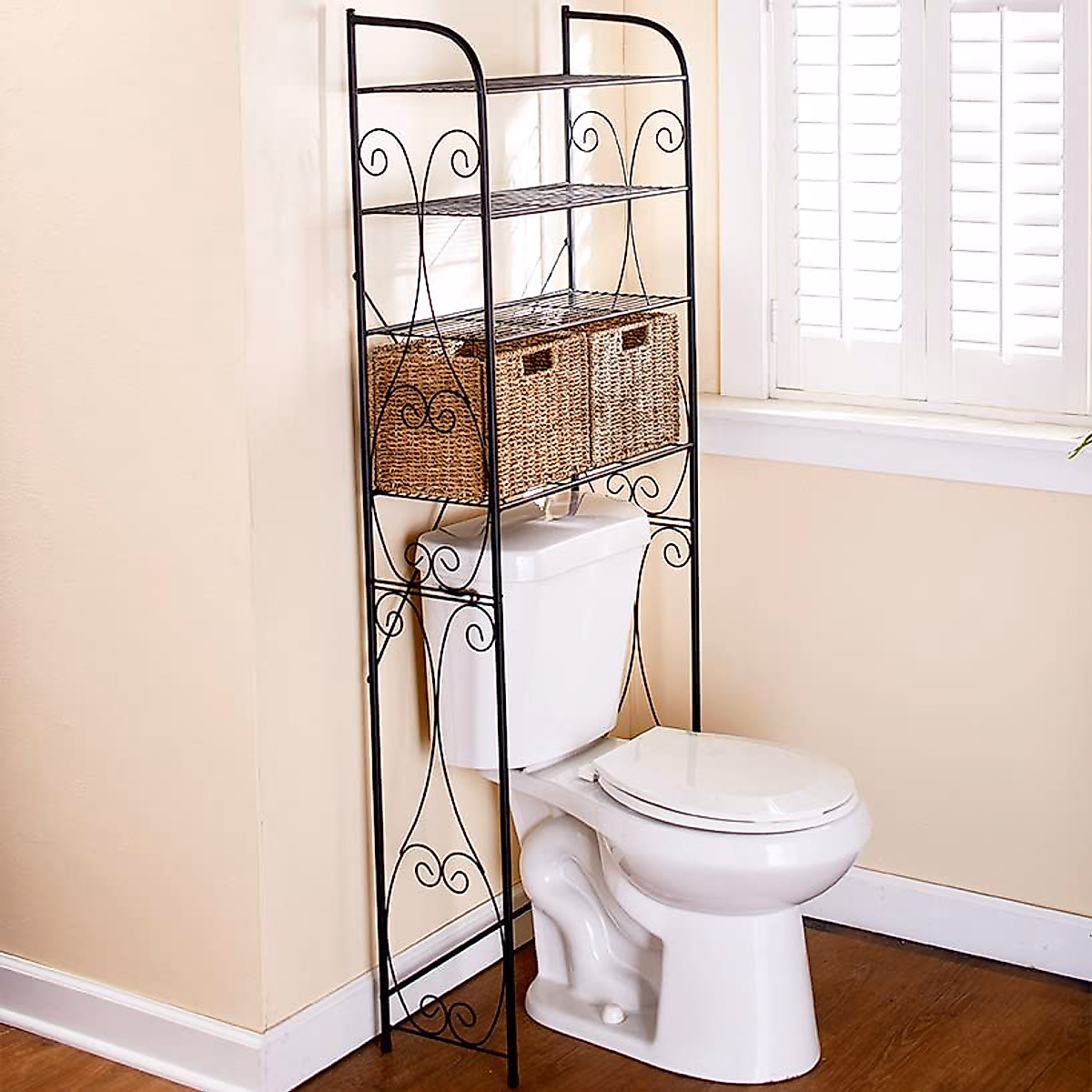 Over The Toilet Space Saving Rack with Shelves and Wicker Baskets