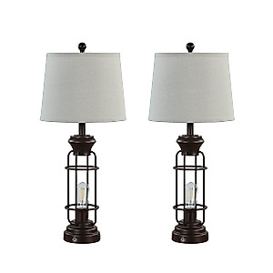Table Lamp for Living Roon Set of 2, 29.3" Tall Farmhouse Table Lamp with 2 Nightlight Bulbs, Oil Rubbed Bronze Bedside Lamp with White Oatmeal Lampshade for Living Room Bedroom, Bulbs Included