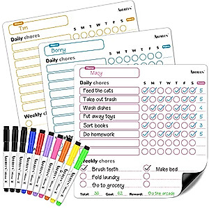 Magnetic Chore Chart, 3 Pcs Dry Erase Behavior Charts & 10 Markers, Reward Chart for Multiple Kids Teens Adults Family, Daily Responsibility Rewards Whiteboard for Fridge School Home Supplies