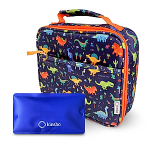 Dinosaur Lunch Box with for Boys with Ice Pack, Insulated Bag for Toddlers Kids Girls Baby Boy Daycare Pre-School Kindergarten, Container Boxes for Small Kid Snacks Lunches, BPA Free, Blue Orange Dino