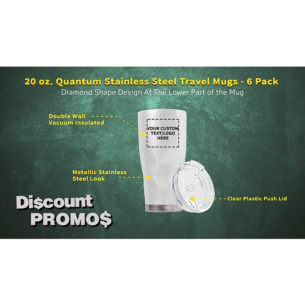 Personalized 20 oz. Quantum Stainless Steel Travel Mugs - 6 pack Custom Text, Logo - White