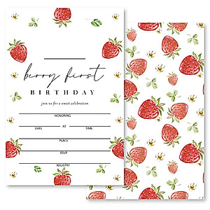 Grace Yonks Berry First Birthday Invitation, 20 Invitations and Envelopes, Strawberry Birthday party Invitations, Birthday Party Supplies.(050)
