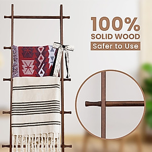 HYBDAMAI Blanket Ladder, 5-Tier Wooden Quilt Stand, Decorative Ladder Shelf, Farmhouse Ladder Blanket Holder, Wall Leaning Blanket Ladder Towel Storage Rack for Living Room, Brown