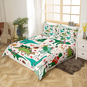 Cute Dinosaur Duvet Cover Set Full Size,Christmas Theme Dinosaur Bedding Set 3Pcs for Kids Girls Boys,Cartoon Xmas Tree Snowman Comforter Cover Xmas Animal Quilt Cover Teens Room Decor,2 Pillowcases
