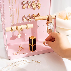 ProCase Cute Jewelry Organizer Stand Earring Holder Organizer for Dorm, Aesthetic Necklace Stand with 6 Removable Wood Hooks, Small Jewelry Display Rack with Bottom Tray for Bracelets Rings -Pink