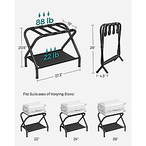SONGMICS Luggage Rack, Suitcase Stand with Fabric Storage Shelf, for Guest Room, Bedroom, Hotel, Foldable Steel Frame, Holds up to 110 lb, 27.2 x 15 x 20.5 Inches, Black URLR002B01V1