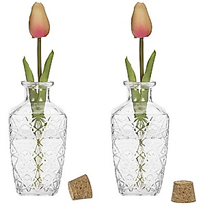 MyGift Diamond-Faceted Apothecary Glass Bottle - Mini Decorative Reed Diffuser Bottles with Cork Lid, Set of 2