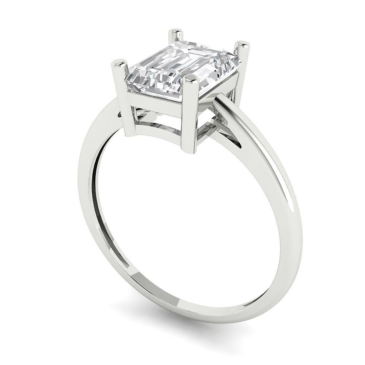 2.0 Ct Brilliant Emerald Cut Clear Simulated Diamond 14K White Gold Solitaire Engagement Promise Bridal Ring Size 7.5