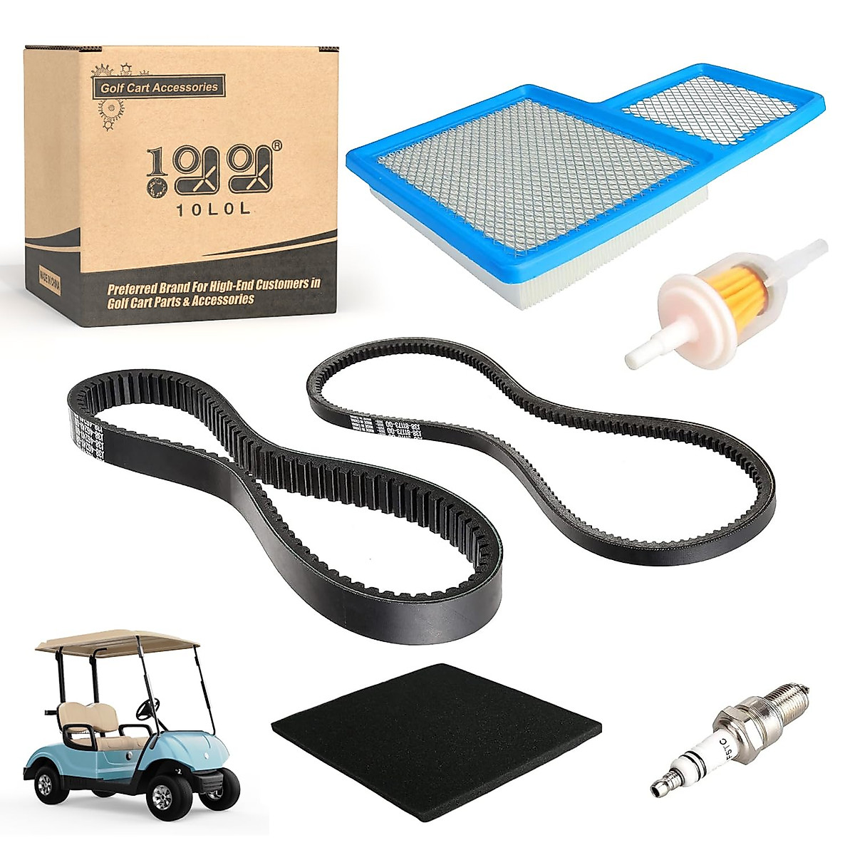 10L0L Golf Cart Tune Up Kit with Starter Generator Belt & Drive Belt for Yamaha 1996-up G16 G19 G22 & 2012-up G29 Gas Model W/ 4 Cycle 301cc 357cc Engine Air Filter Pre Filter Fuel Filter Spark Plug