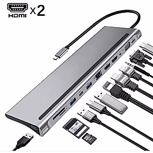 Feilx Ultra-Slim Data USB Hub,12 in 1 USB C Hub Laptop Docking Station Type-C to Dual HDMI-Compatible/VGA/USB 3.0 Hub/PD/RJ/Micro-SD/TF Card Dock Adapter