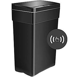 MeetPerfect 13 Gallon Trash Can with Lid Automatic Garbage Can Touch Free Waste Bin 50 Liter Plastic Trash Can with Inner Basket and Carry Handle for Kitchen Office Bedroom Living Room- Black