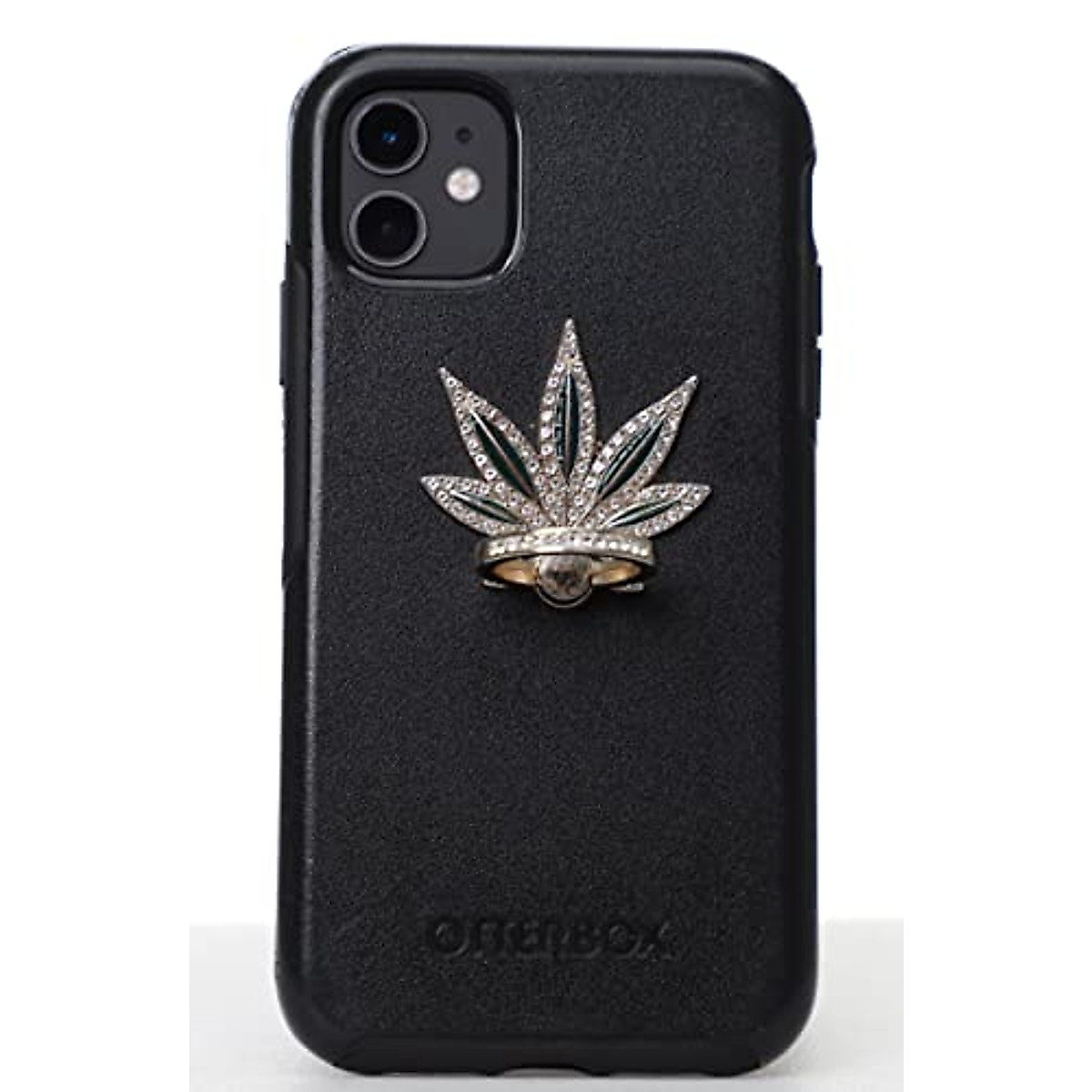 Cell Phone Ring Grip 360 Degree Rotation, Sparkly Crystal Stones Happy Leaf Design, Compatible with iPhone and Android Phone,Gold/Green,6008A-30