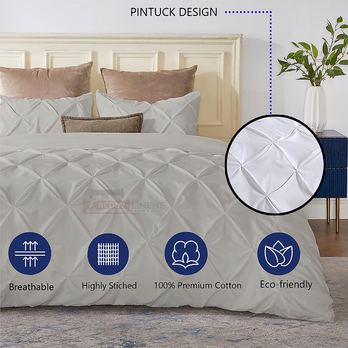 eBeddy Linens Premium Pinch Pleated Duvet Cover Set 800-TC King/Cal-King Size 104x90 Inch Pure Egyptian Cotton Soft 3 Pieces Set Zipper Closure & Corner Ties, Pintuck Silver Grey