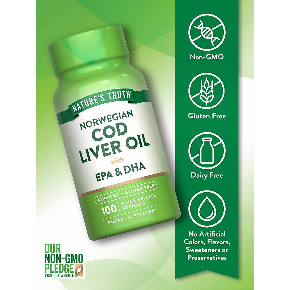 Nature's Truth Norwegian Cod Liver Oil | 100 Softgels | with EPA & DHA | Non-GMO, Gluten Free Supplement