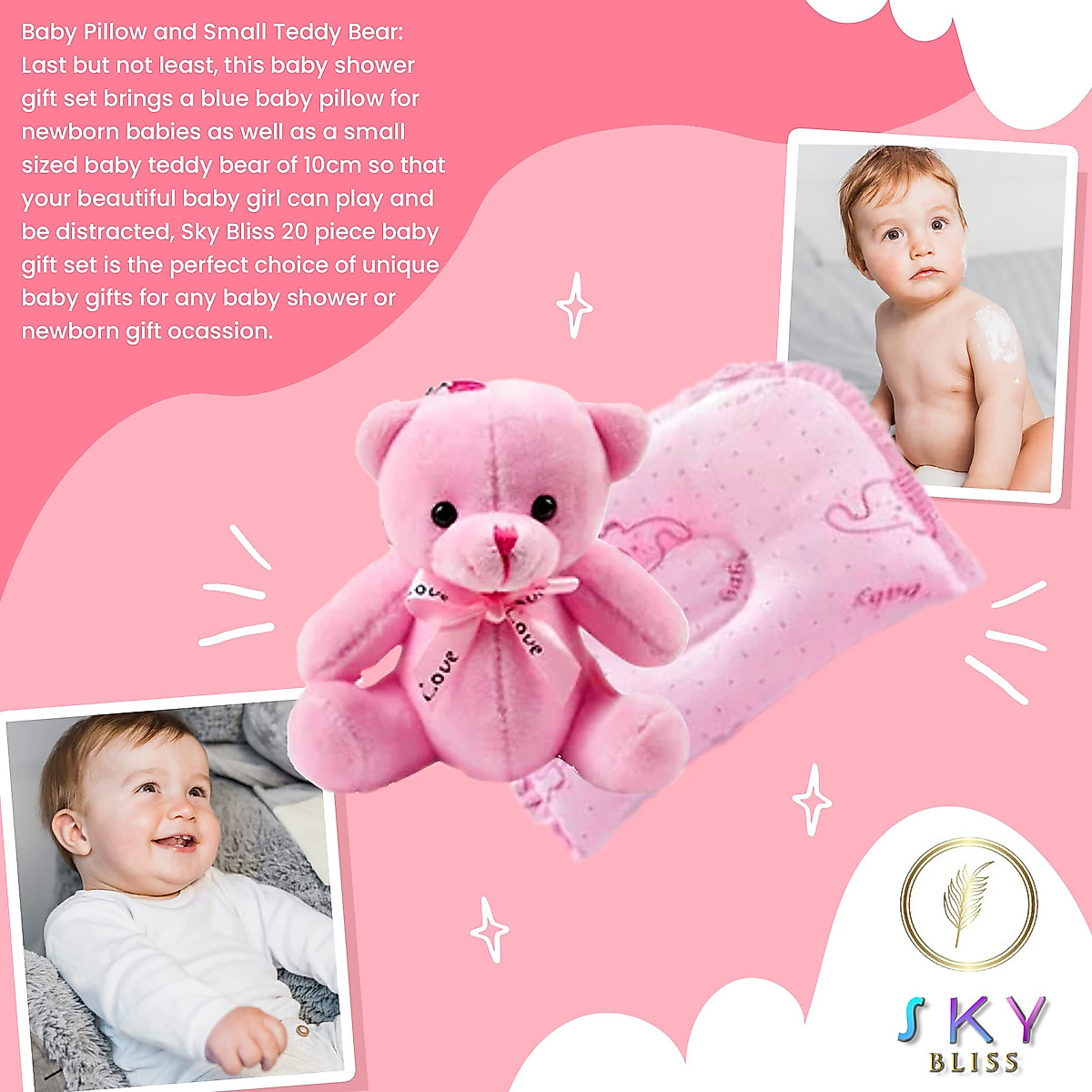Sky Bliss 20 Piece Baby Gift Set (Pink), Newborn Baby Gift Set, Baby Clothes, Teddy Bear, Pacifier, Baby Grooming kit, Gifts for a New Baby Girl, Baby Girl Newborn Essentials