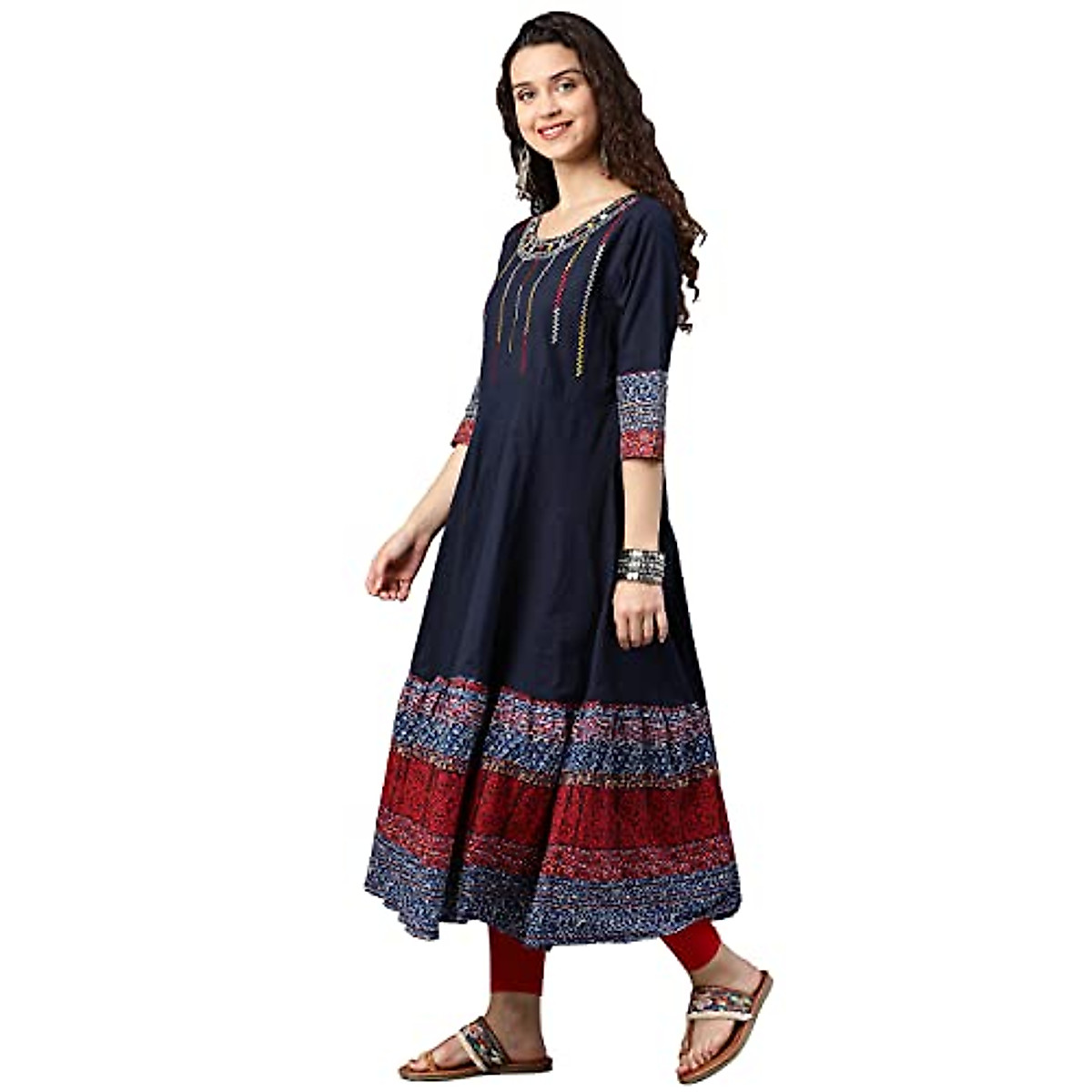 Yash Gallery Women's Cotton Embroidered Anarkali Kurta (Blue)