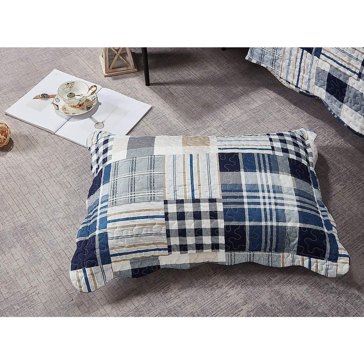 Brilliant Sunshine Plaids and Stripes Quilt Set, 2-Piece Bedding Sets with 1 Sham, Patchwork Design, Washable and Reversible Bedspread, Soft Lightweight Coverlet, All-Season, Twin/Twin XL, Blue