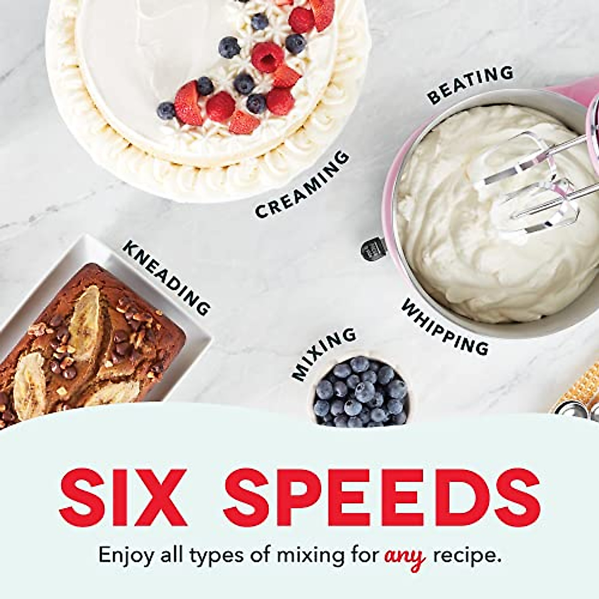 Dash Stand Mixer (Electric Mixer for Everyday Use): 6 Speed Stand Mixer with 3 Quart Stainless Steel Mixing Bowl, Dough Hooks & Mixer Beaters for Dressings, Frosting, Meringues & More - Pink