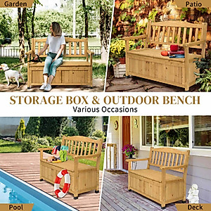 HMXD Cedar Wood Deck Box Bench, Storage Box With Backrest Armrest, All-Weather Yard Container Furniture for Tools, Toys, Outdoor Storage Bench Deck Box w/Seat for Backyard, Porch, Patio, Garden