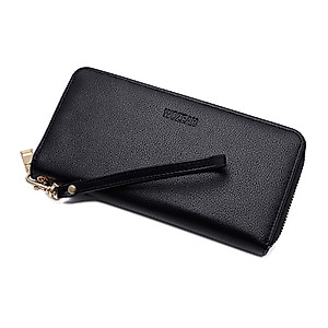 WOZEAH Women's RFID Blocking PU Leather Zip Around Wallet Clutch Large Travel Purse (A black)