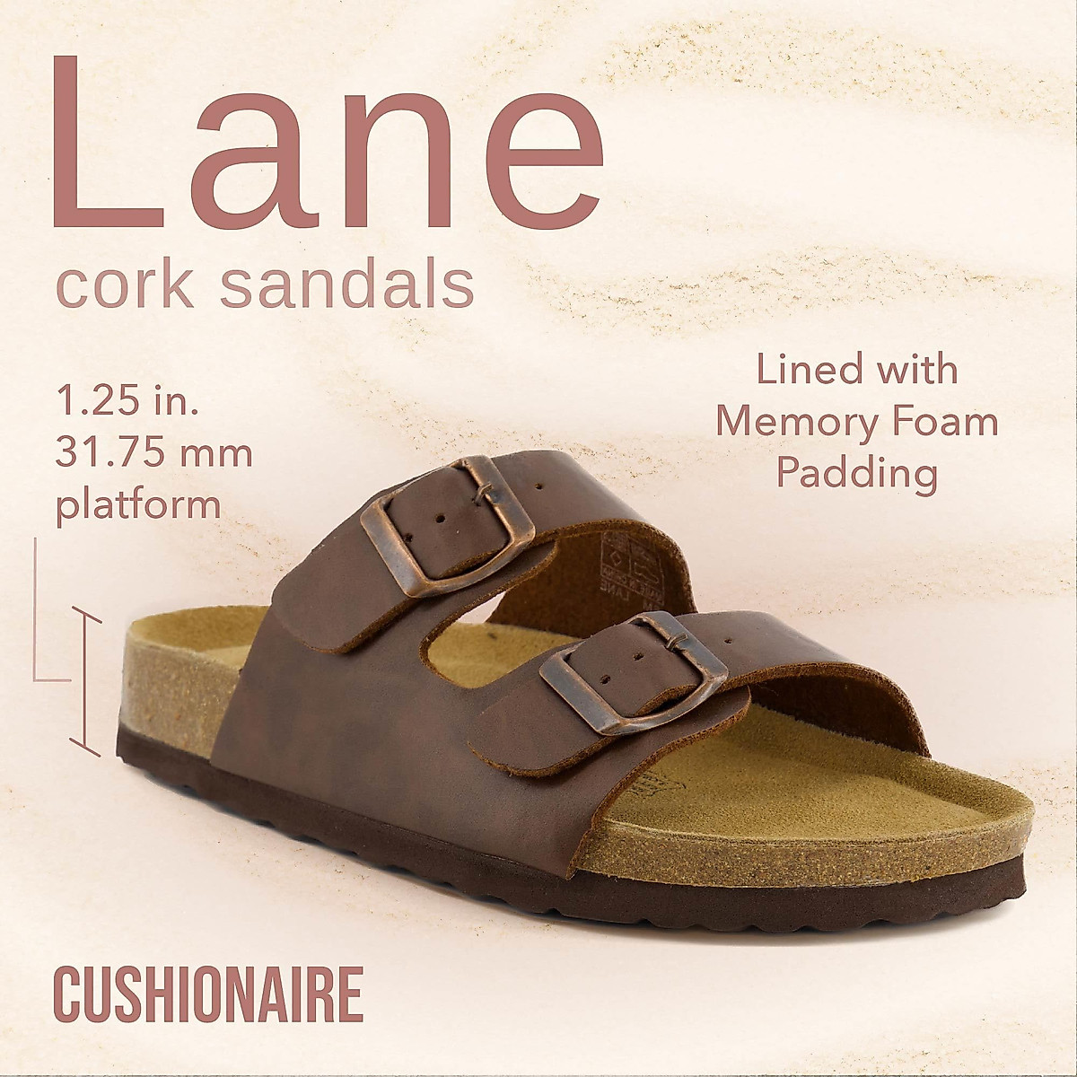 CUSHIONAIRE Lane Cork Footbed Sandals for Women – Comfortable Double Buckle Slip-On with Genuine Suede Footbed & Arch Support Slides for Women Footwear, BROWN 8