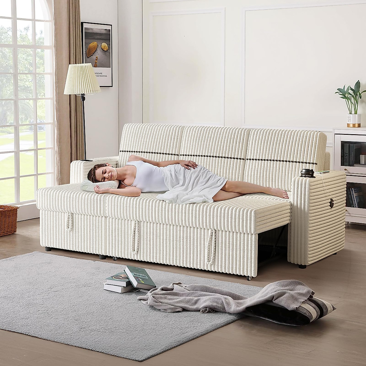 CAPCAEK 85" Corduroy Sofa Bed with Storage Chaise, L Shaped 3 Seat Sectional Couch, Pull Out Sleeper Sofabed with Cup Holders & USB Charge Port for Living Room, Office, Apartment (Beige)