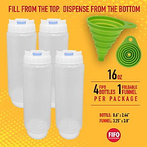 FIFO Squeeze Bottle Refillable (6 Pack) Blue Dispenser for Thick Condiments, Tartar Sauces, Rellish and Dressing with Flexible Funnel (Blue)