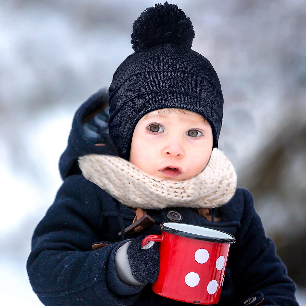 Winter Toddler Hat and Mittens Knit Earflap Hat and Fleece Mitten Gloves Set for Baby Boys Girls(Navy Blue)