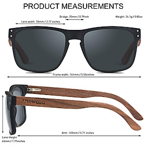 ANDWOOD Mens Sunglasses Polarized UV Protection Wooden Frame Beach Sun Glasses Womens Square Wood Shades Black