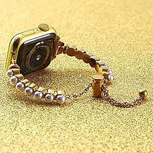 WONMILLE Gold Bracelet Compatible with Apple Watch Band 38mm 40mm 41mm Women, Slim Dressy Design Jewelry Metal Strap Stainless Steel Bling Bangle for iWatch Series 8/7/SE/6/5/4/3/2/1 (Peal Gold)