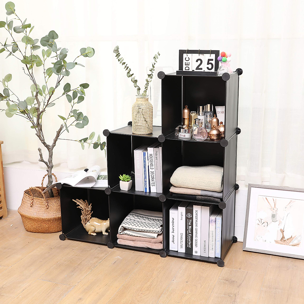 YCOCO 6 Cubes Storage Modular Cubes,DIY Plastic Closet Organizer Storage Shelves Cubes with Wooden Hammer,Stackable Bookcase for Bedroom Living Room Office,Black