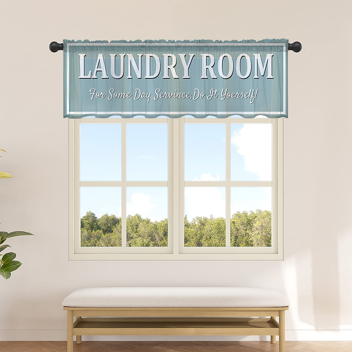 Sheer Valances Curtain, Laundry Room Do It Yourself Chiffon Valance for Window 54" x 18", Blue Laundry Decor Backdrop Small Tier Curtain Rod Pocket Window Panels for Kitchen, Bathroom, Cafe