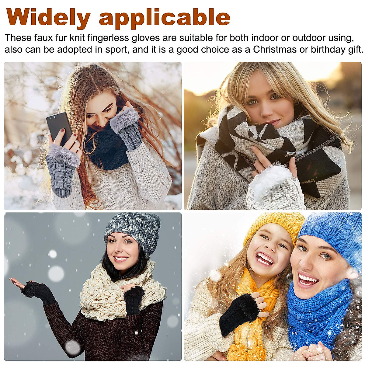 3 Pairs Fingerless Winter Gloves Faux Fur Crochet Warm Middle Length Thumb Hole Fingerless Gloves Arm Warmers (Black, White, Grey)