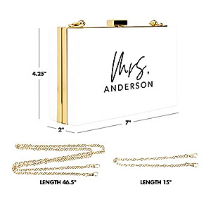 Andaz Press Personalized Acrylic Clutch Purse for Bride Custom Mrs. White Clutch Box Shoulder Handbag with Gold Removable Metal Chain for Wedding Day Bachelorette Bridal Shower Engagement Gift, 1-Pack