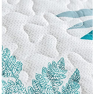 DURLENGEN Floral Quilt Set Queen Size 3Pcs, Teal & Khaki Leaves Printed on White, All Season Lightweight Coverlet Sets(Queen 90x96, Botanical Teal)