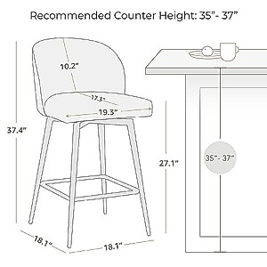 Watson & Whitely Counter Height Bar Stools Set of 2, 360° Swivel Upholstered Barstools with Backs and Metal Legs, 26" H Seat Height, Fabric in White (Multi-Colored)